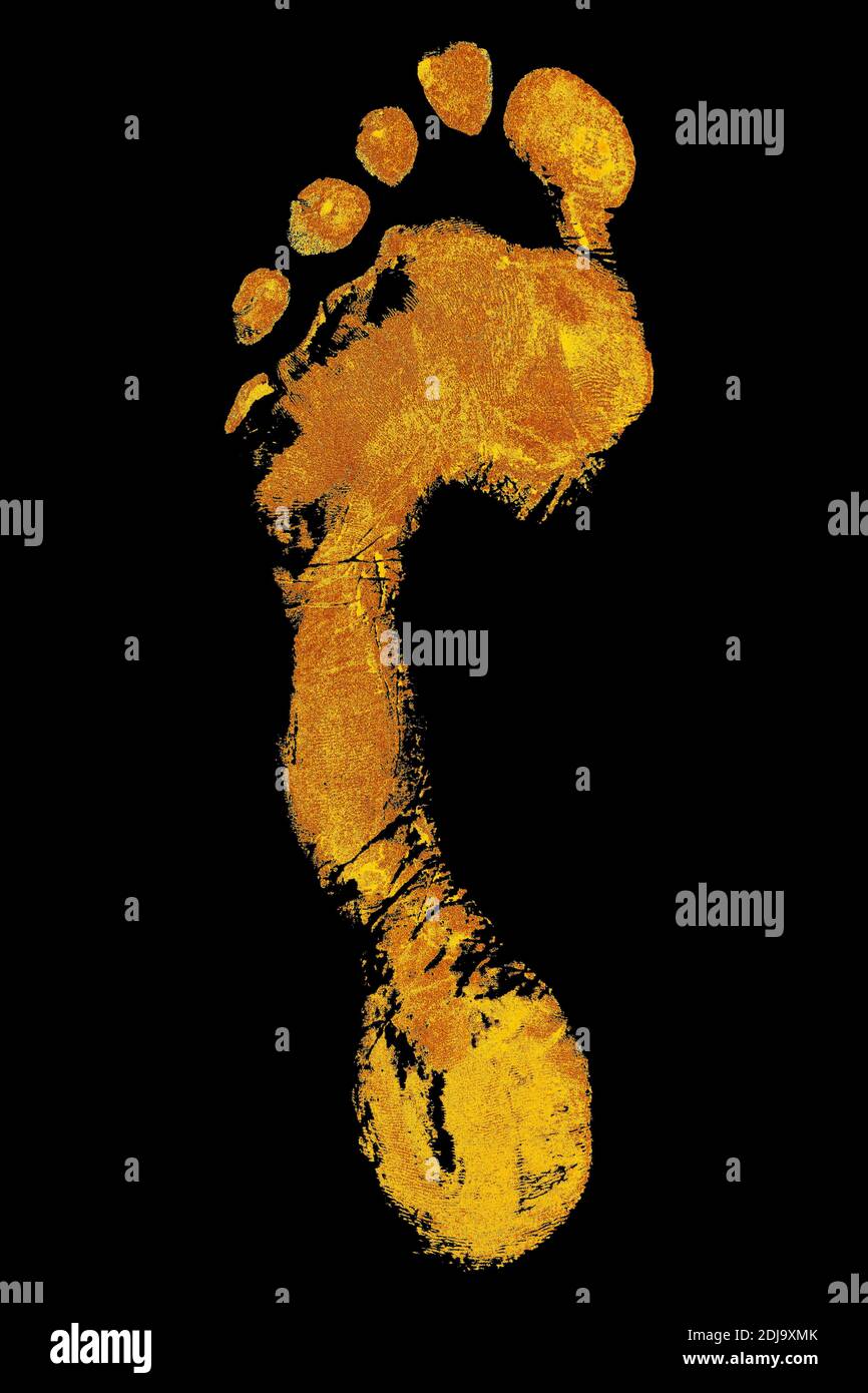Golden human barefoot footprint on black background isolated close up ...