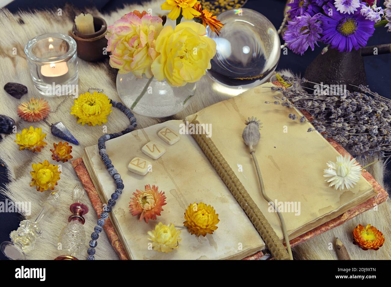 Still life with old book, runes, healing herbs and ritual magic objects ...