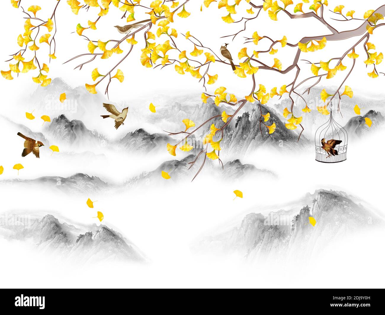 Landscape illustration, hills, forest fog, tree branch with yellow ...