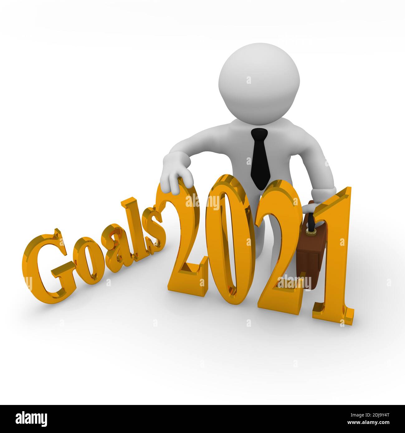 Small businessman with the word goals and the number 2021 in gold, 3d ...