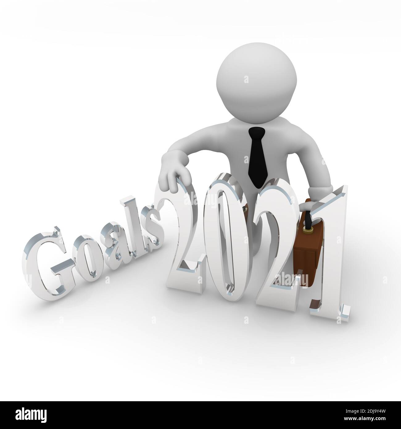 Small businessman with the word goals and the number 2021 in silver, 3d ...