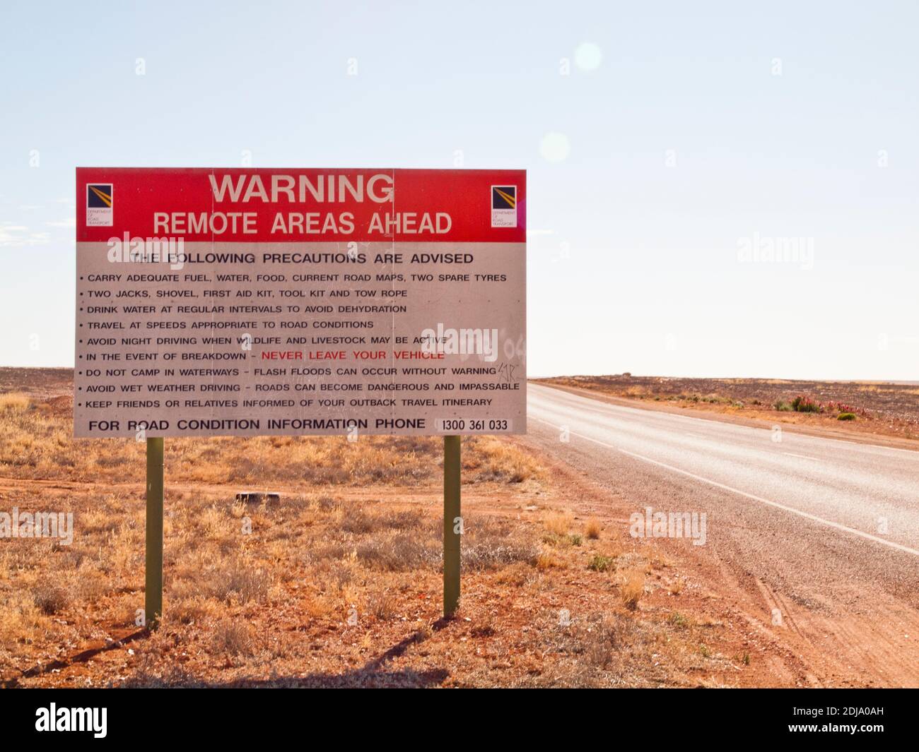 Remote Areas Warning road sign just outside Coober Pedy on the road to ...