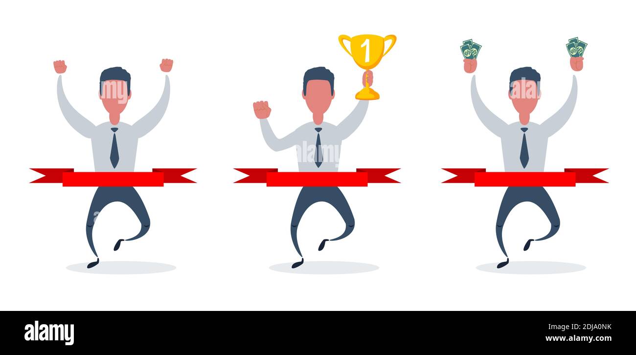 Full length portrait of a businessman running at the finish line. Happy ...