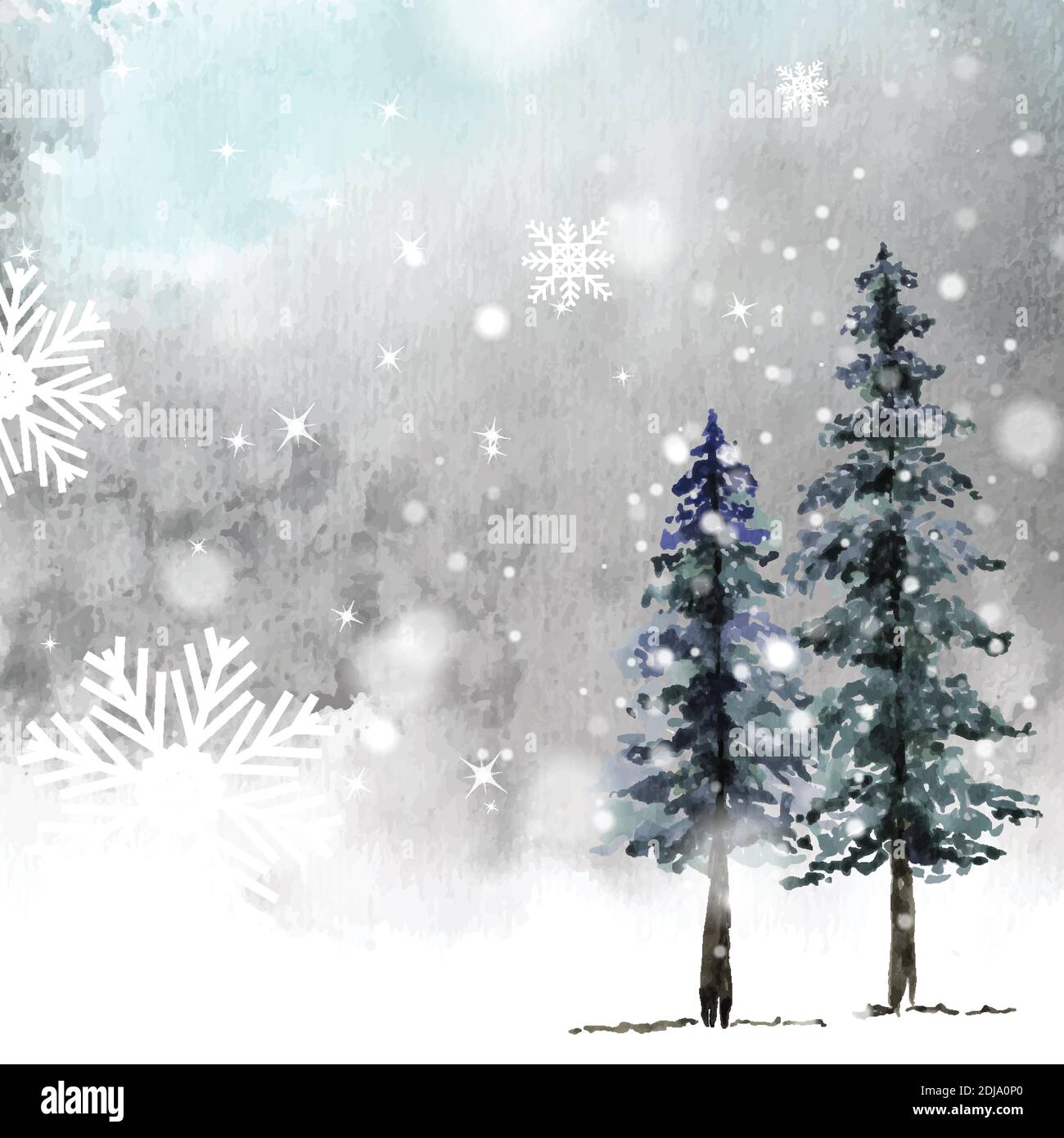 Winter christmas card hand-painted watercolor. Conifer artwork with ...