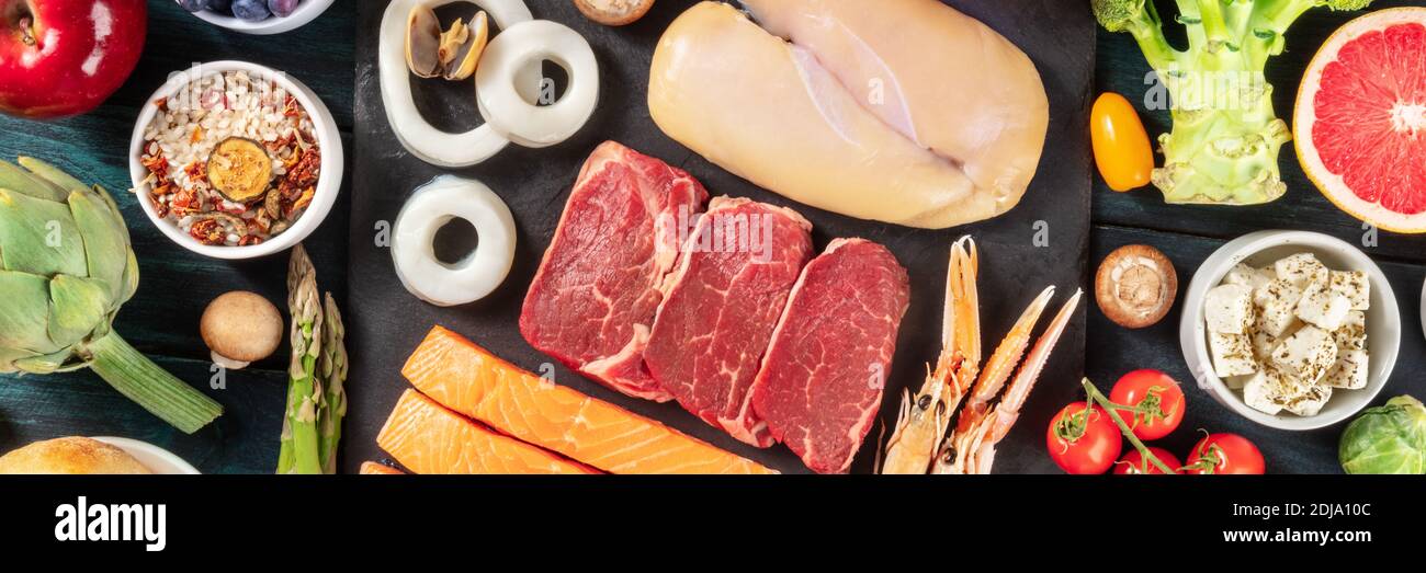 Food panorama, top-down shot. Meat, chicken, salmon and seafood, fruit ...