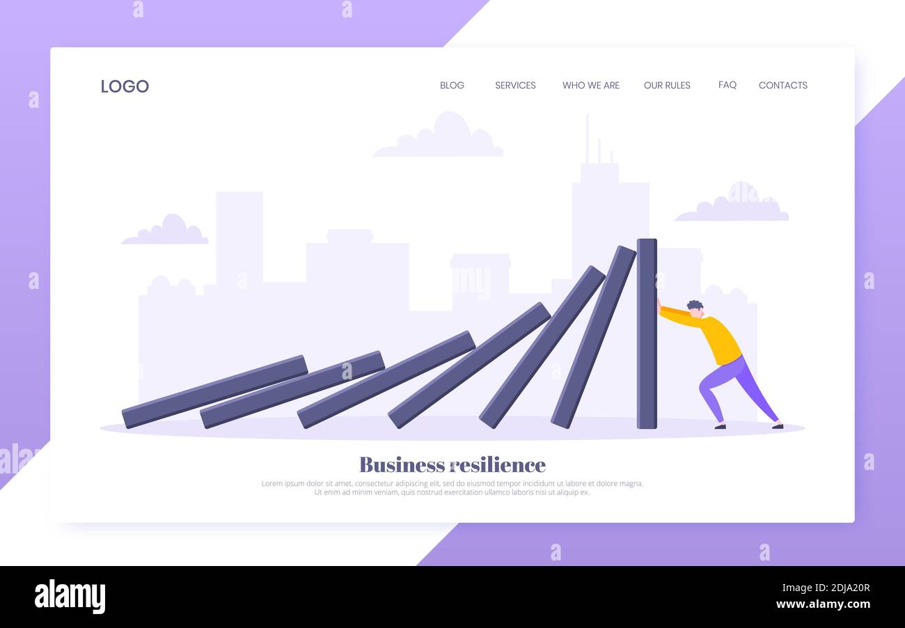 Domino effect or business resilience metaphor vector illustration. Adult young man pushing ...