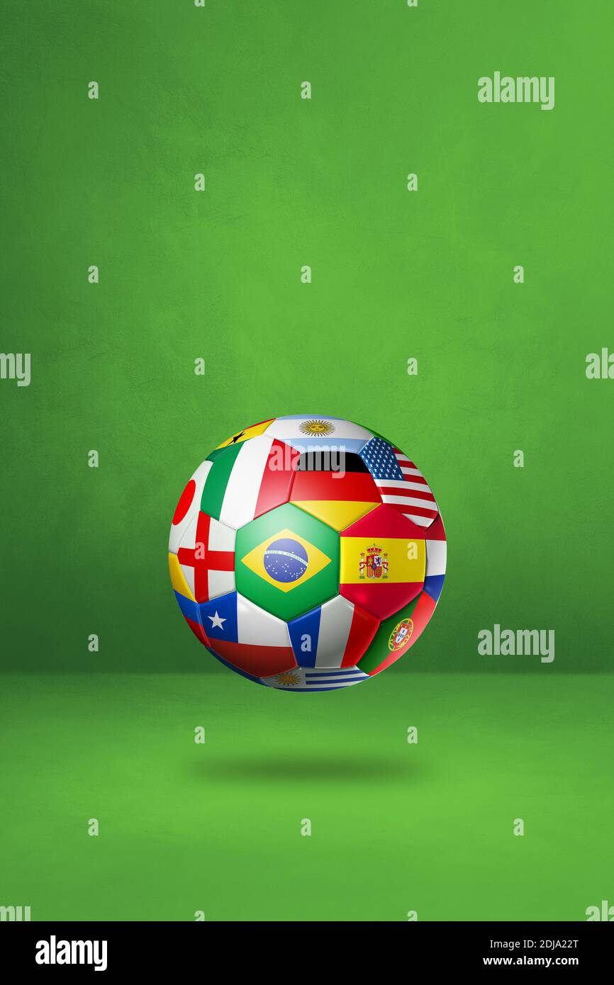 Football soccer ball with national flags isolated on a green studio ...