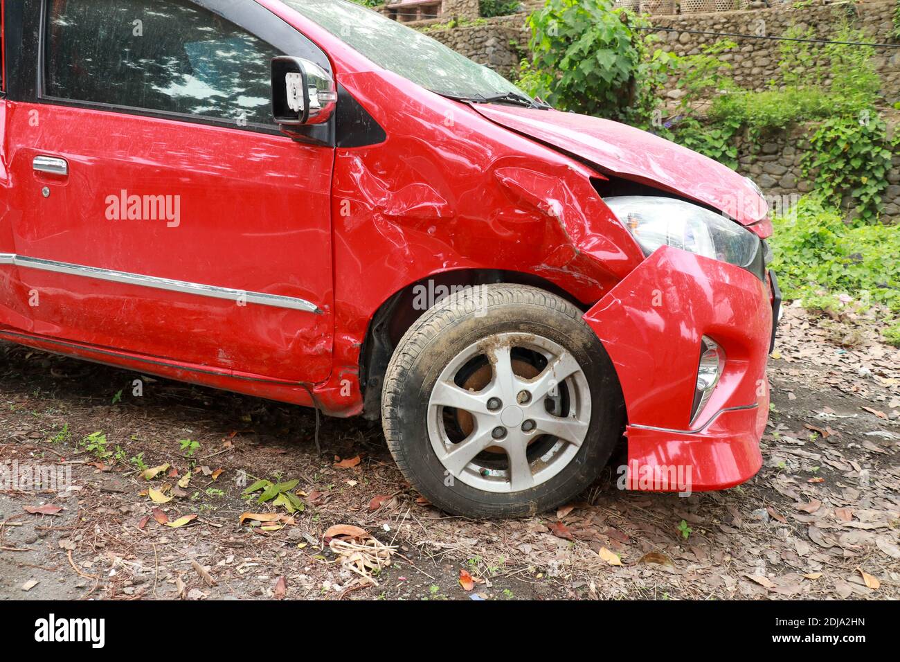 Broken crash red car on accident site. Accident and insurance Stock ...