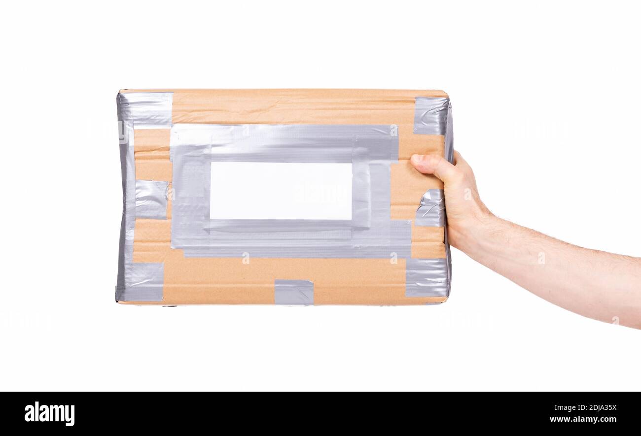 Receiving a package, blank label, isolated on a white background Stock ...