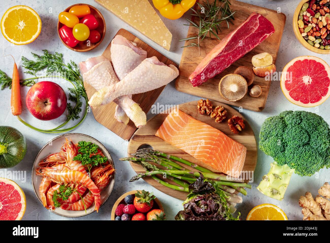 Food, overhead flat lay shot. Meat and poultry, fish and seafood, fruit ...