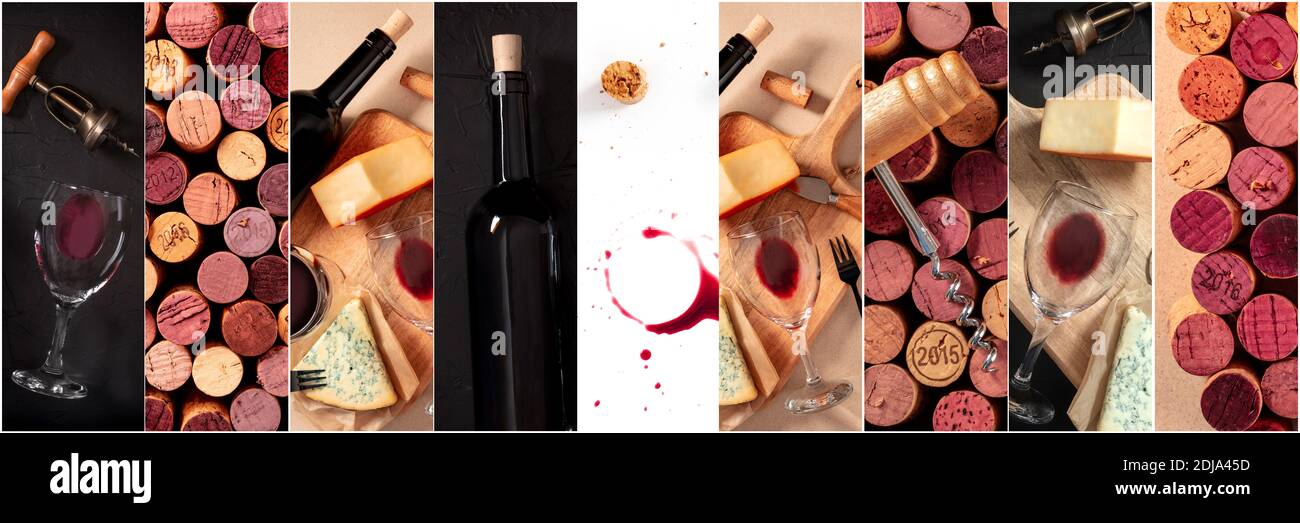 Wine Collage design template. A panorama of many photos of wine glasses ...