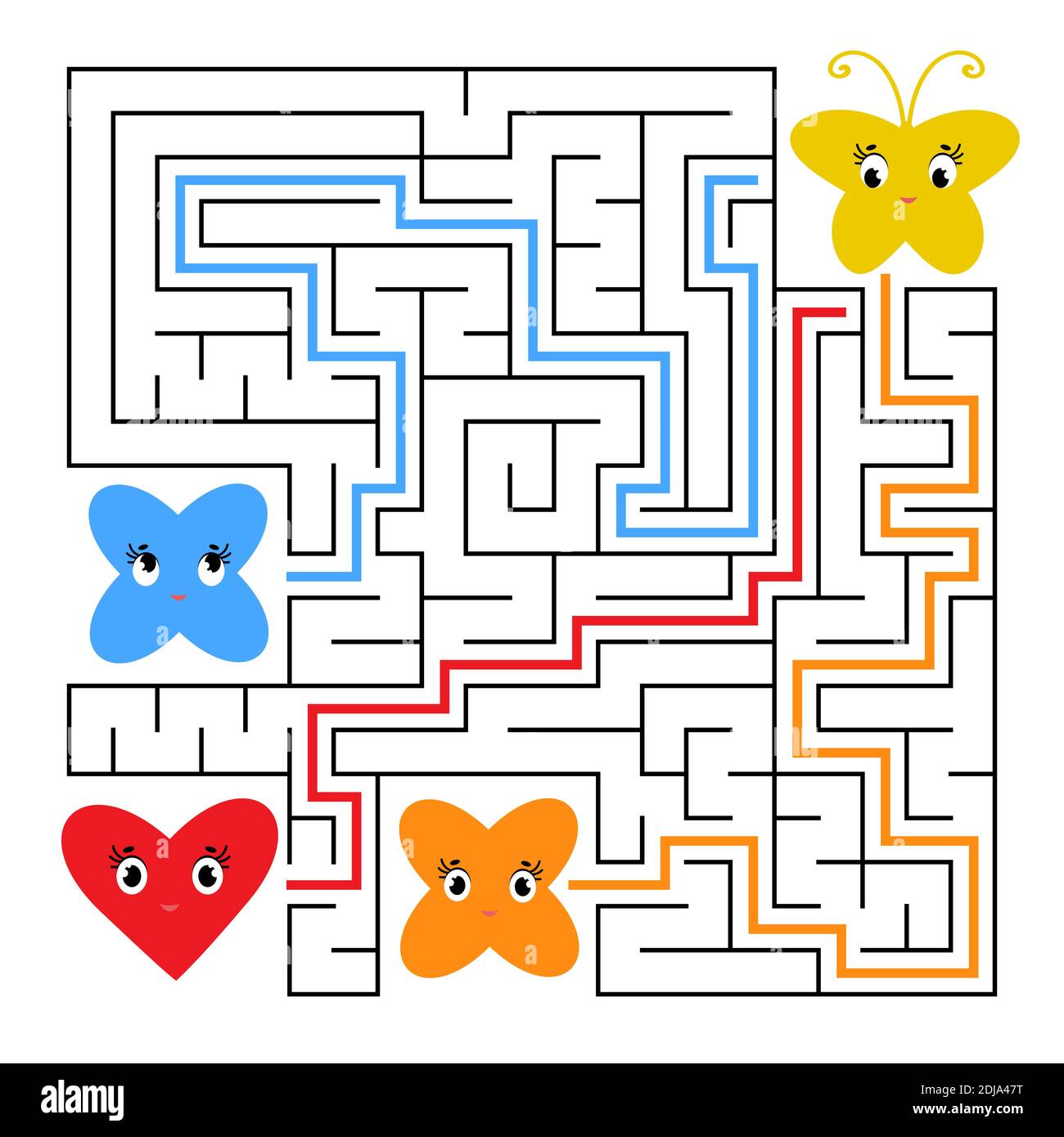 A square labyrinth. Who will reach the magic yellow cartoon. Simple ...