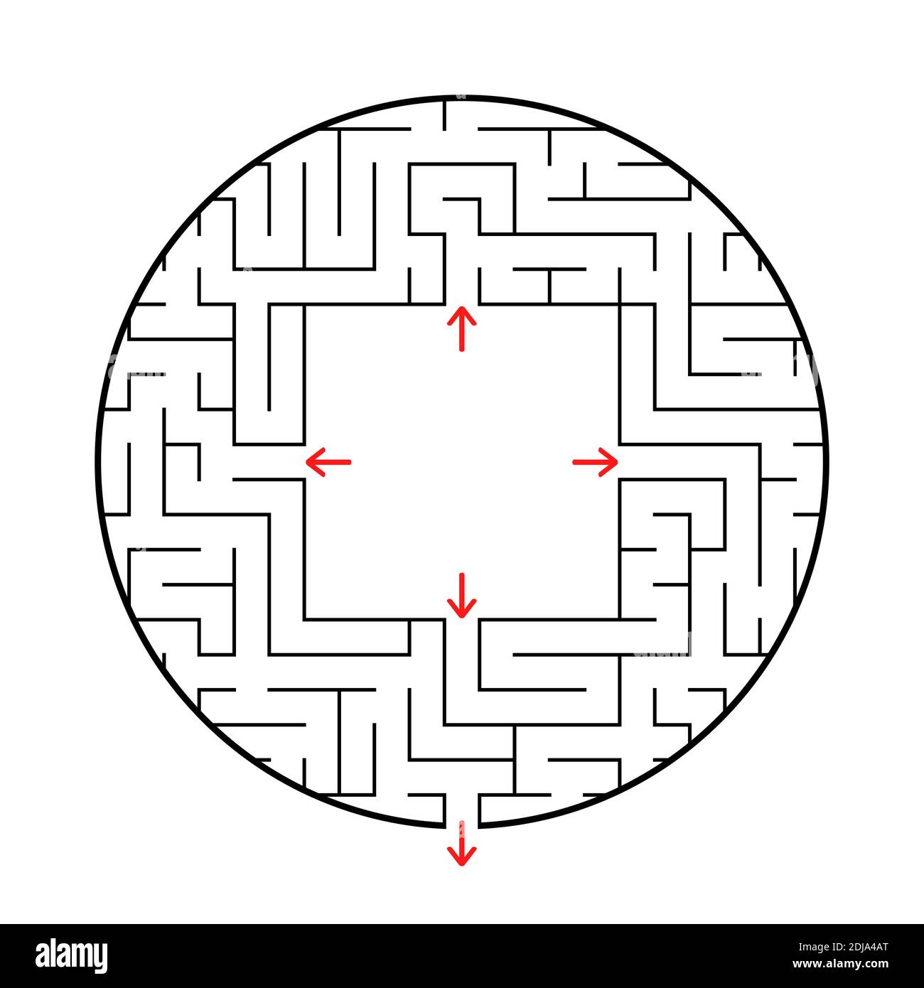 Round labyrinth with four entrances and one exit. Simple flat vector ...