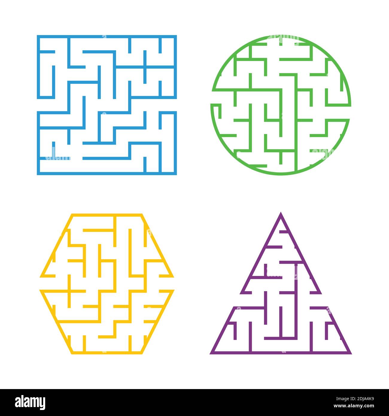 A set of colored labyrinths for children. A square, a circle, a hexagon ...