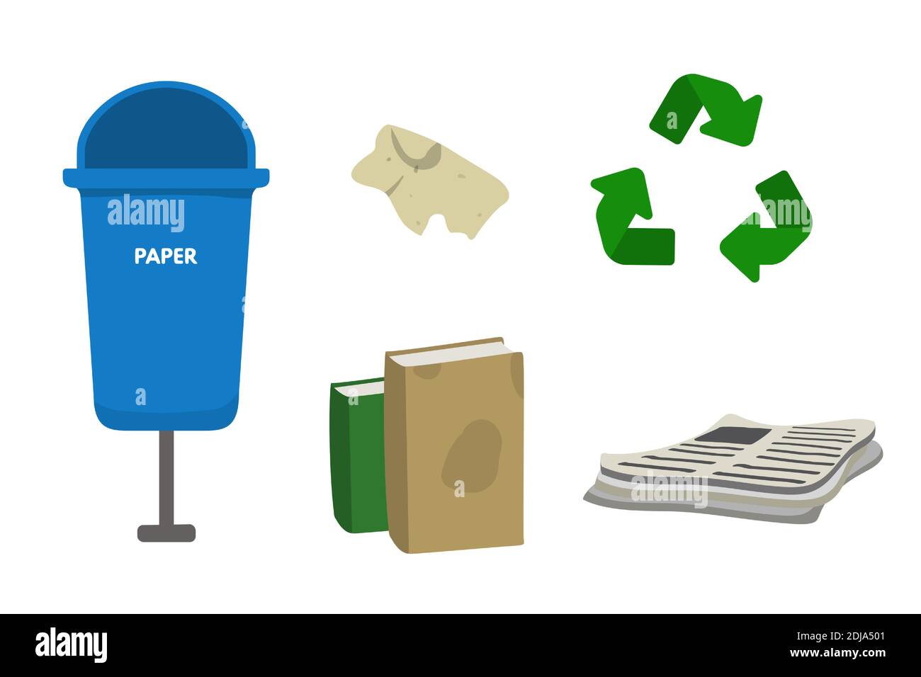 Waste sorting set vector illustration. Blue dumpster bin for paper ...