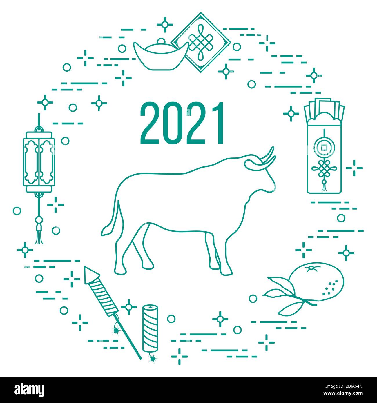 Happy New Year 2021 Vector illustration bull, chinese lantern ...
