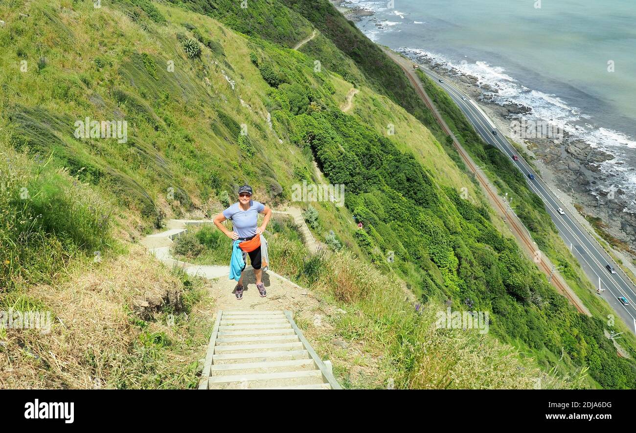 A woman (61) pauses on a steep section of the Paekakariki Escarpment ...