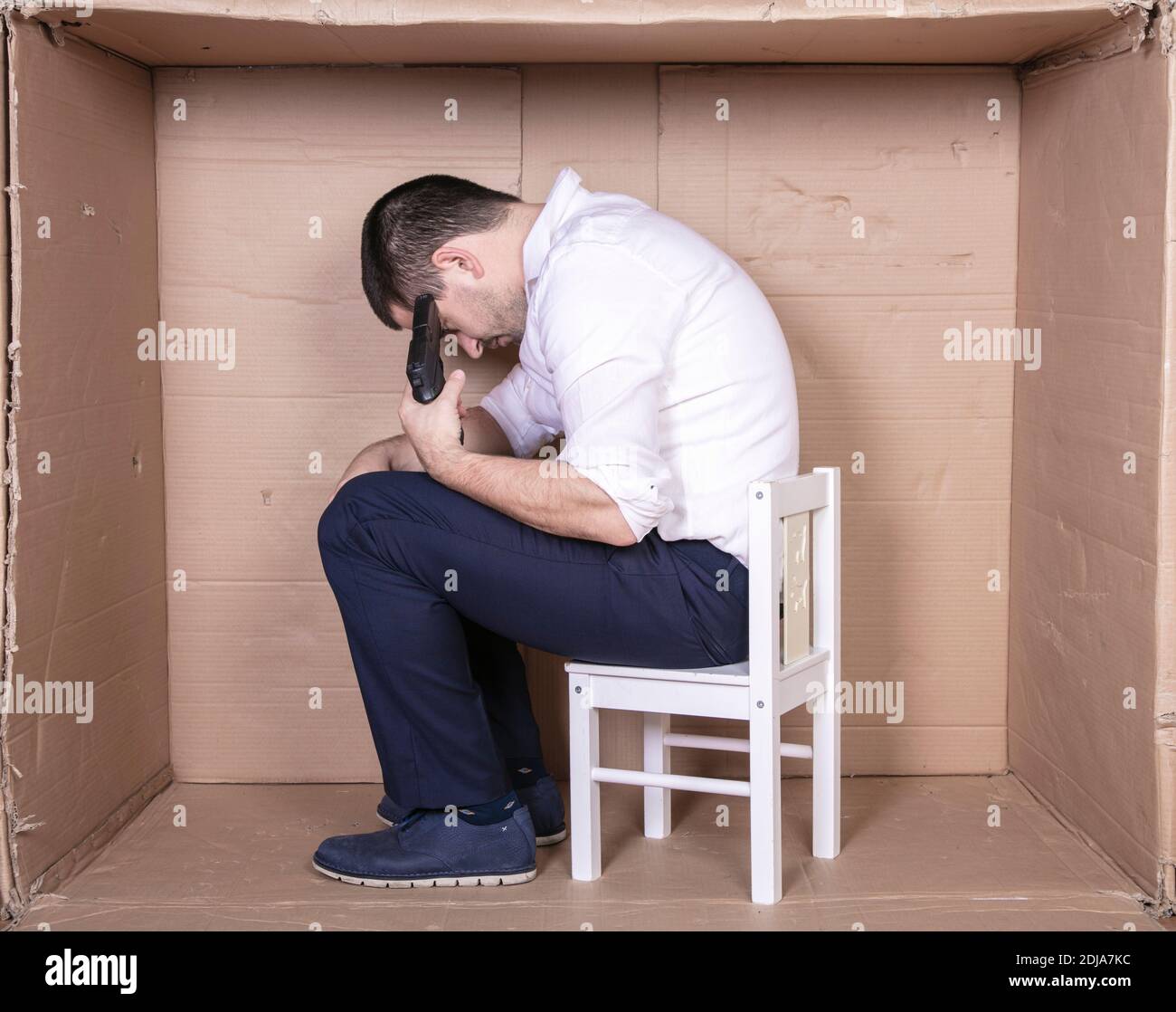 businessman overcrowded depression thoughts of suicide, gun in hand ...