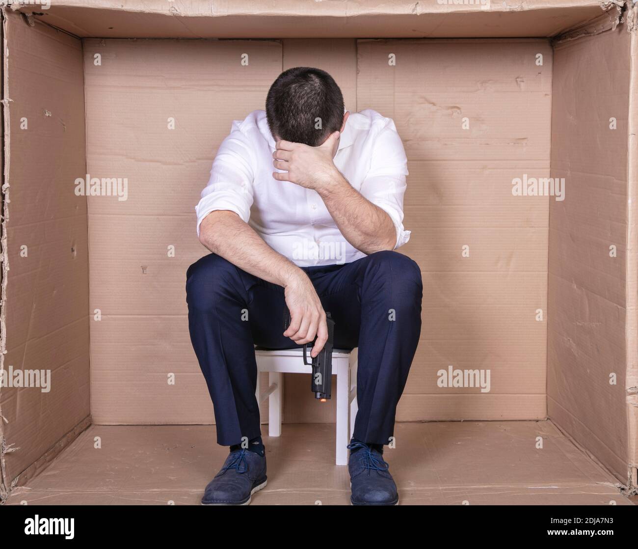 businessman overcrowded depression thoughts of suicide, gun in hand ...