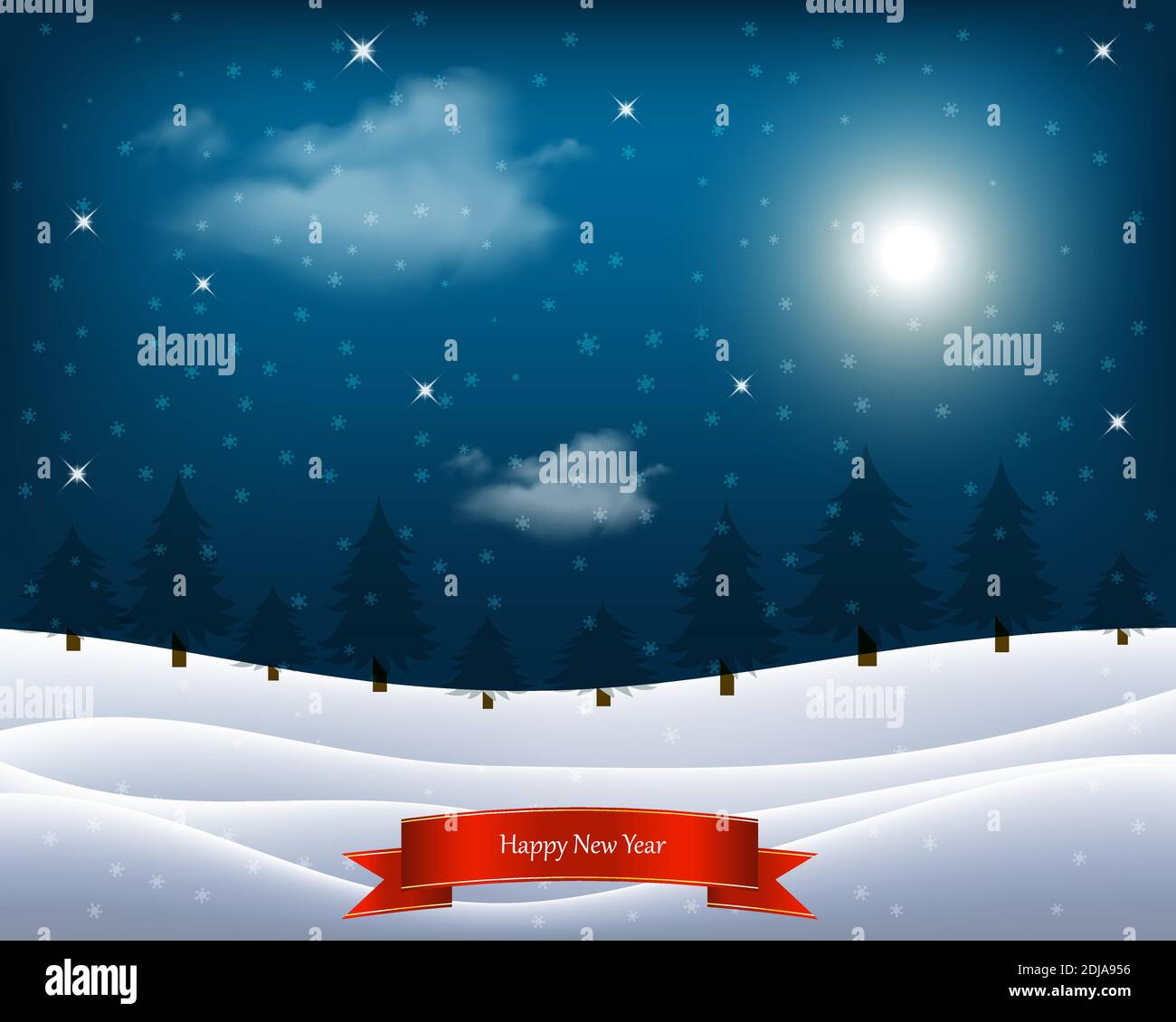 Vector illustration. Winter night landscape. Sky with clouds and the ...