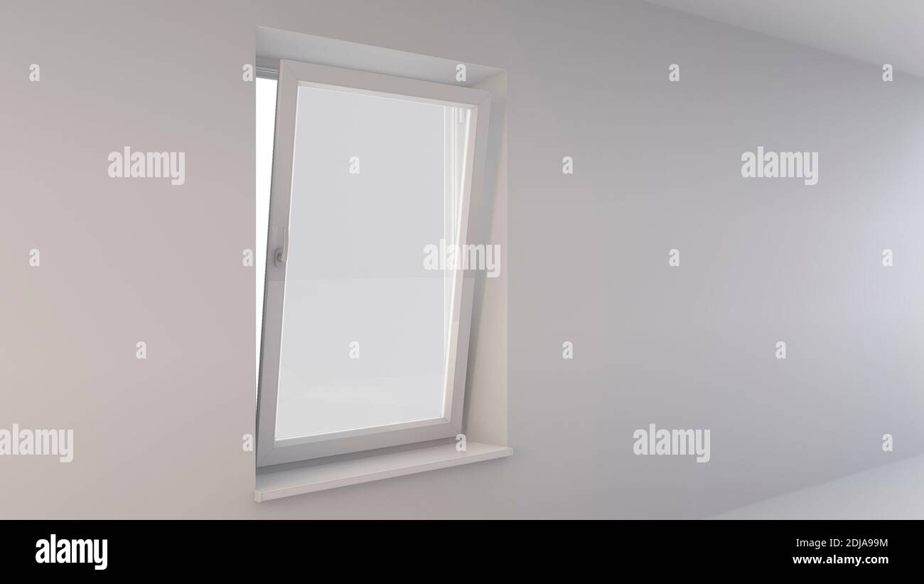 Single-leaf opened window on a white wall. aerial light illustration ...