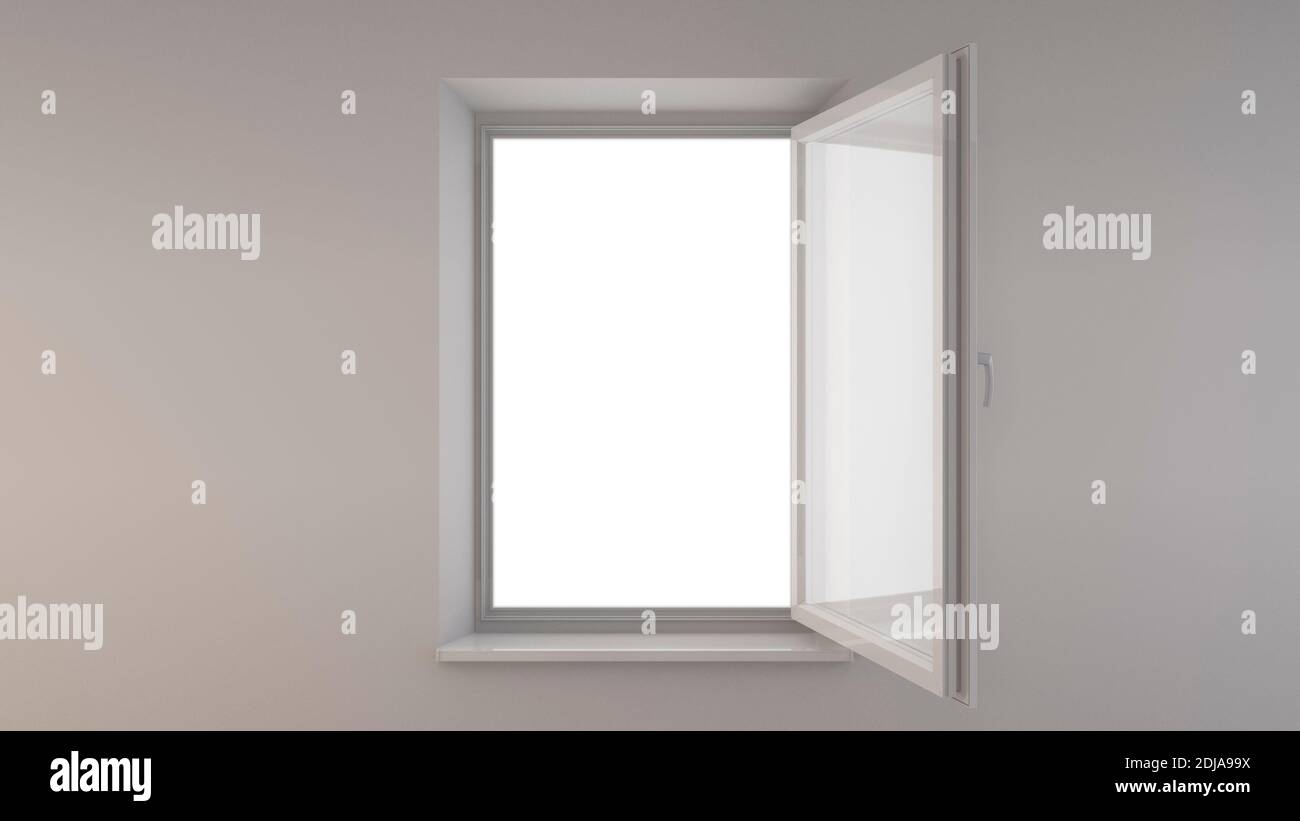 Single-leaf opened window on a white wall. aerial light illustration ...