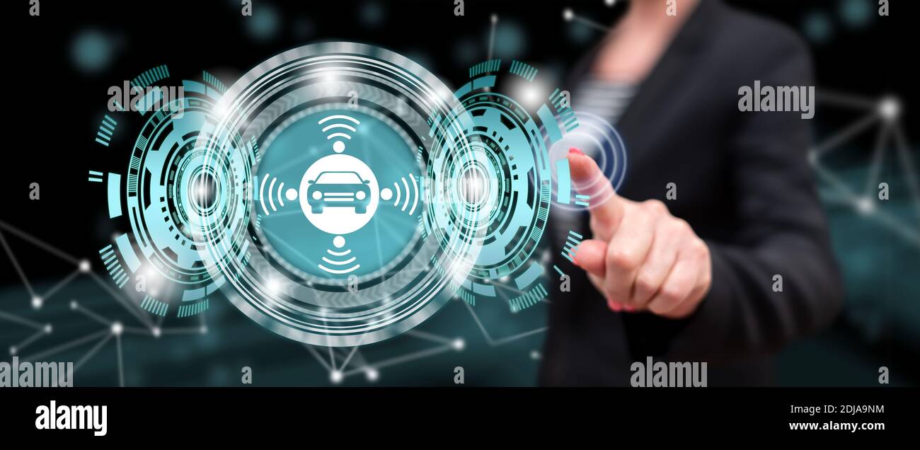 Woman touching a smart car concept on a touch screen with her finger ...