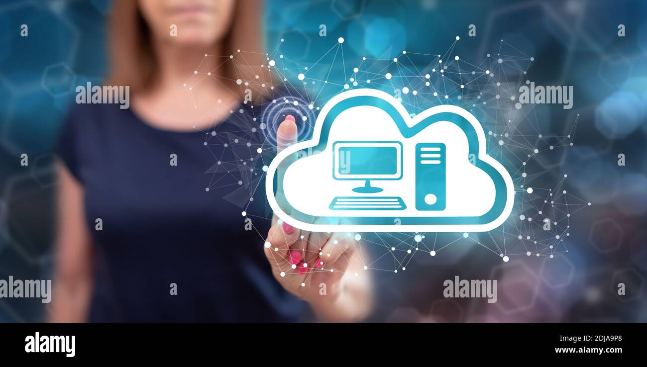 Woman touching a cloud computing concept on a touch screen with her ...