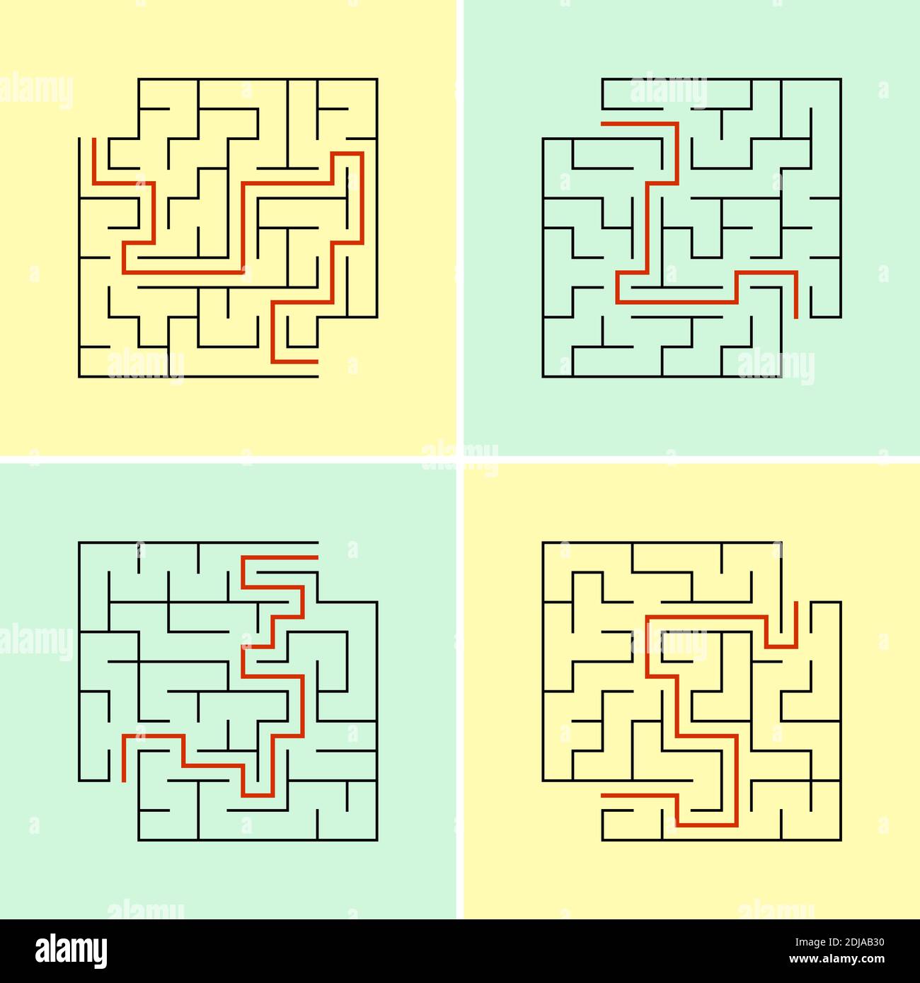 Set of abstract square labyrinths. A game for children. A simple flat vector illustration ...