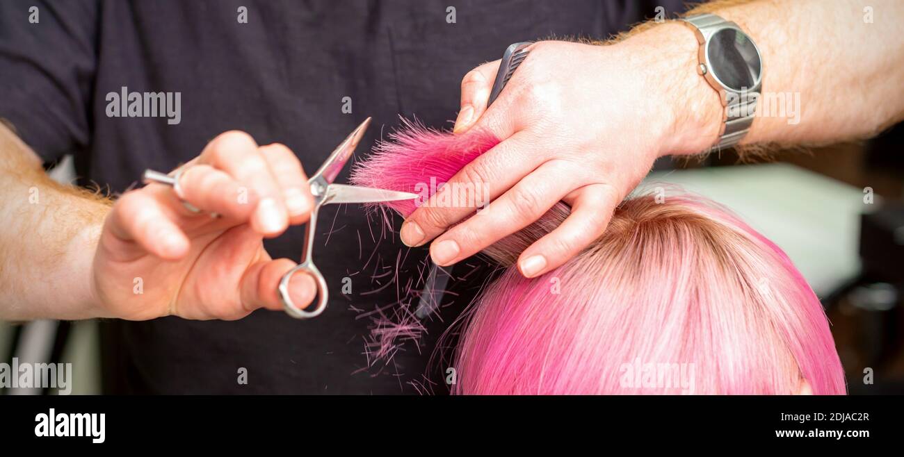 Close up of hairdresser cutting short pink hair of the young woman in a ...