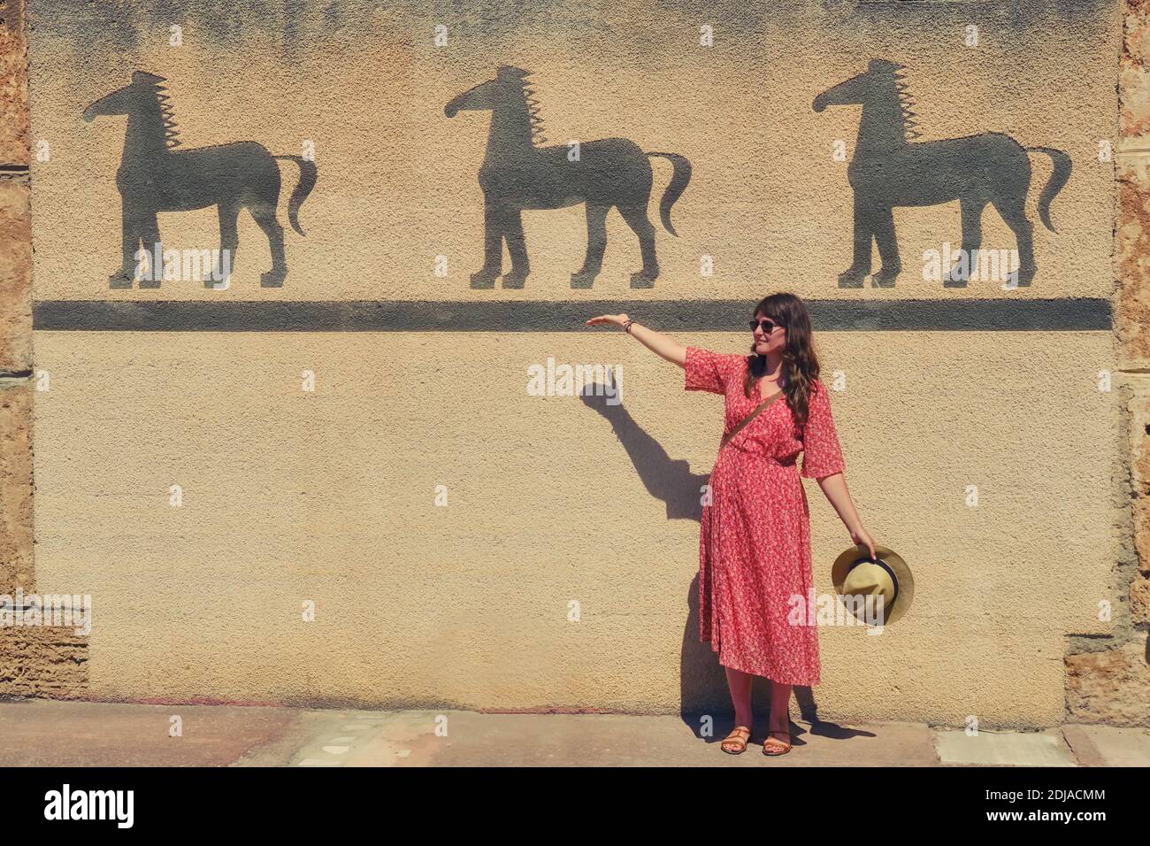 Tourist shows drawings of ancient horses on the wall of Carthage ...