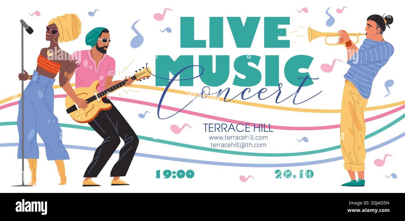 Flat cartoon characters music banner poster,vector illustration concept ...