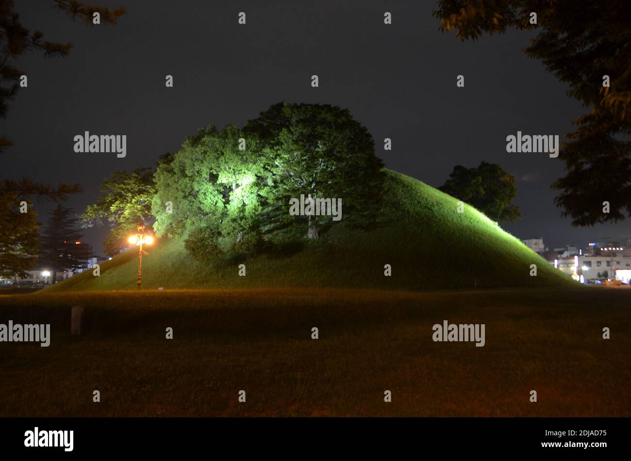 Ancient tumulus on the edge Gyeongju, Korea, covered by lawns and trees ...