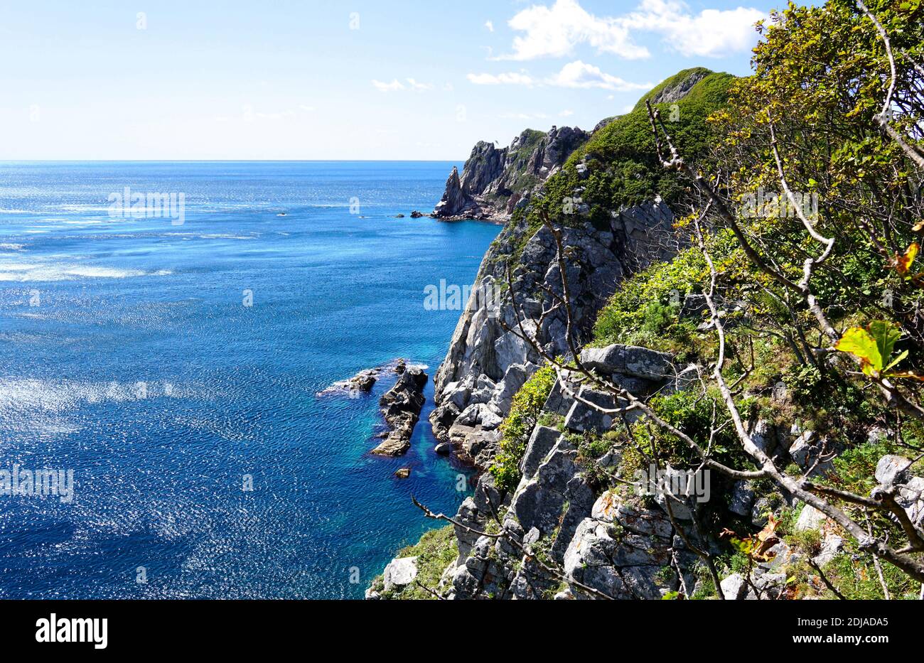 Beautiful sea bay aerial view. Along waterside are high crags, on top ...