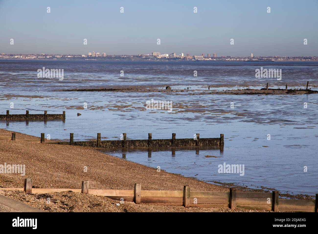 beach and groynes in the village of grain on the isle of grain on the ...
