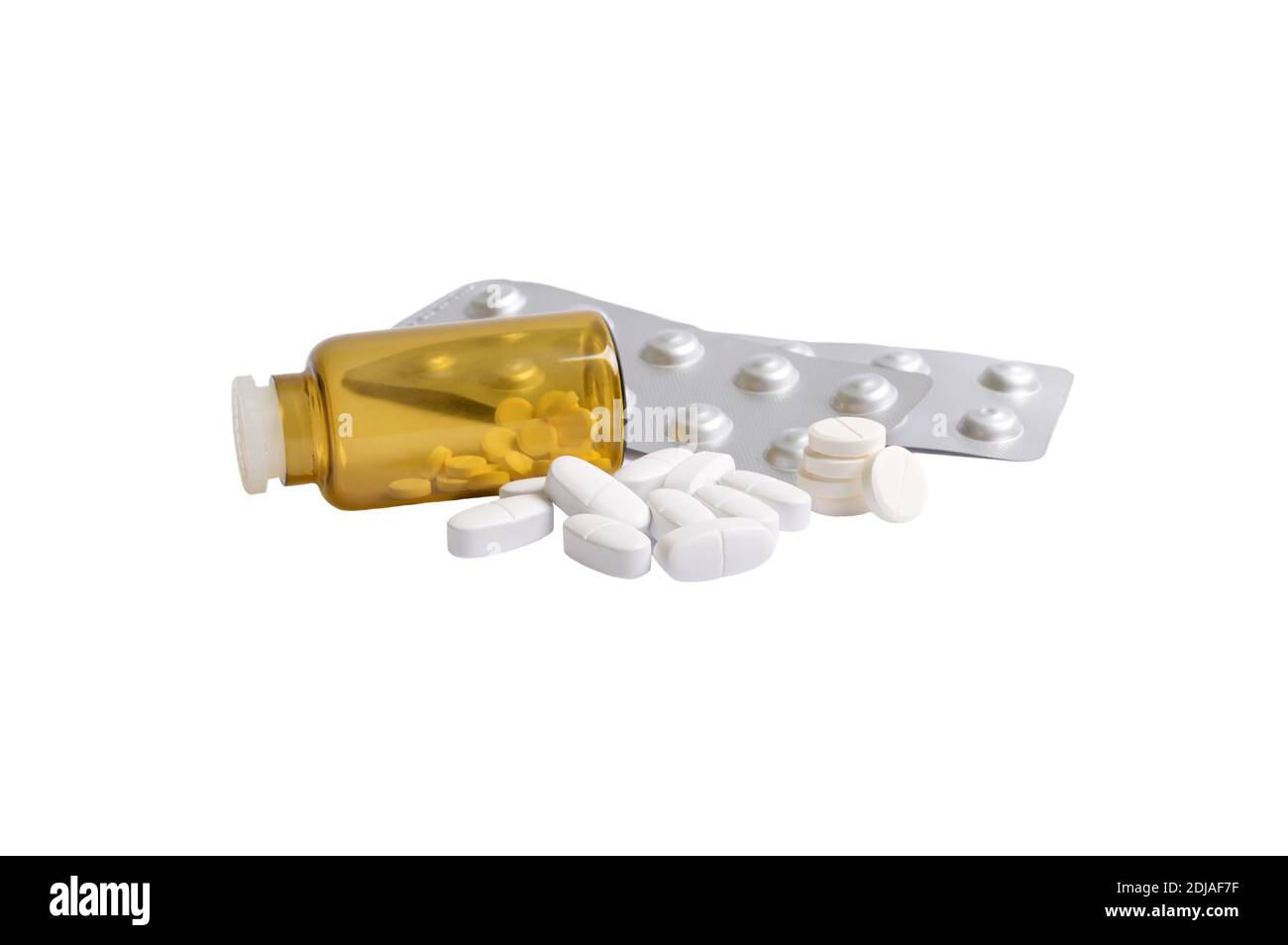 Medical brown pill bottle, scattered tablets, blisters. Assorted ...