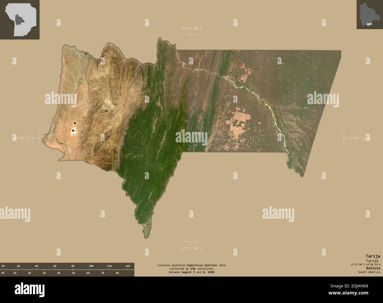 Tarija, department of Bolivia. Sentinel-2 satellite imagery. Shape ...