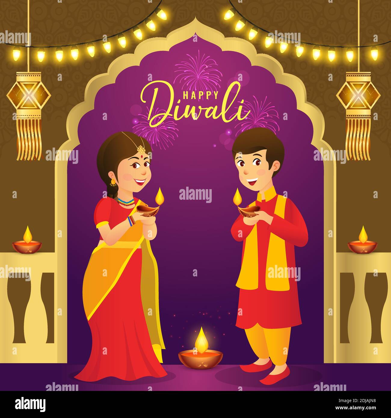 Cute cartoon indian kids in traditional clothes holding diya (oil lamp ...