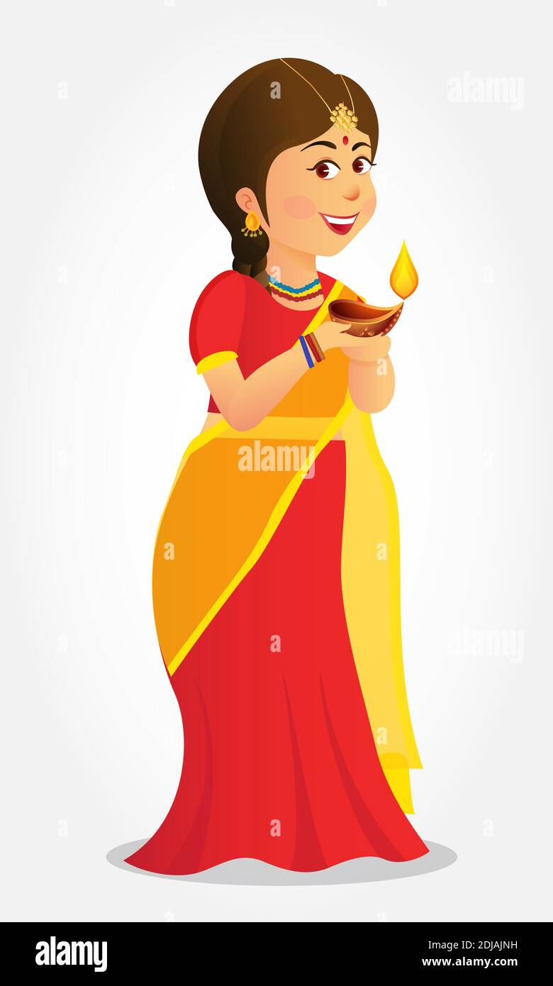 Cute carton indian girl holding diya (india oil lamp) and wishing ...