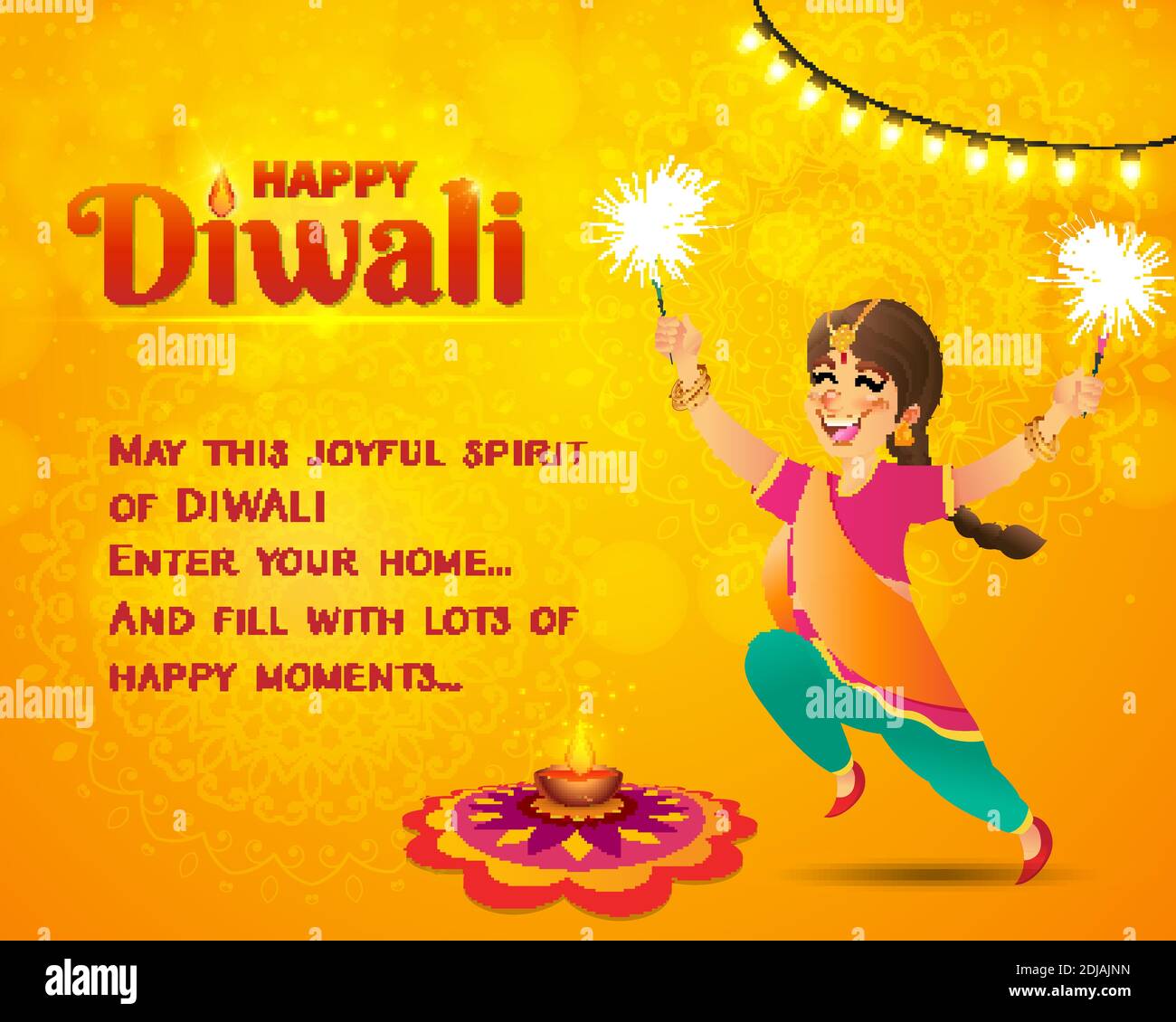 Happy Diwali greeting card. Cute cartoon indian girl in traditional ...