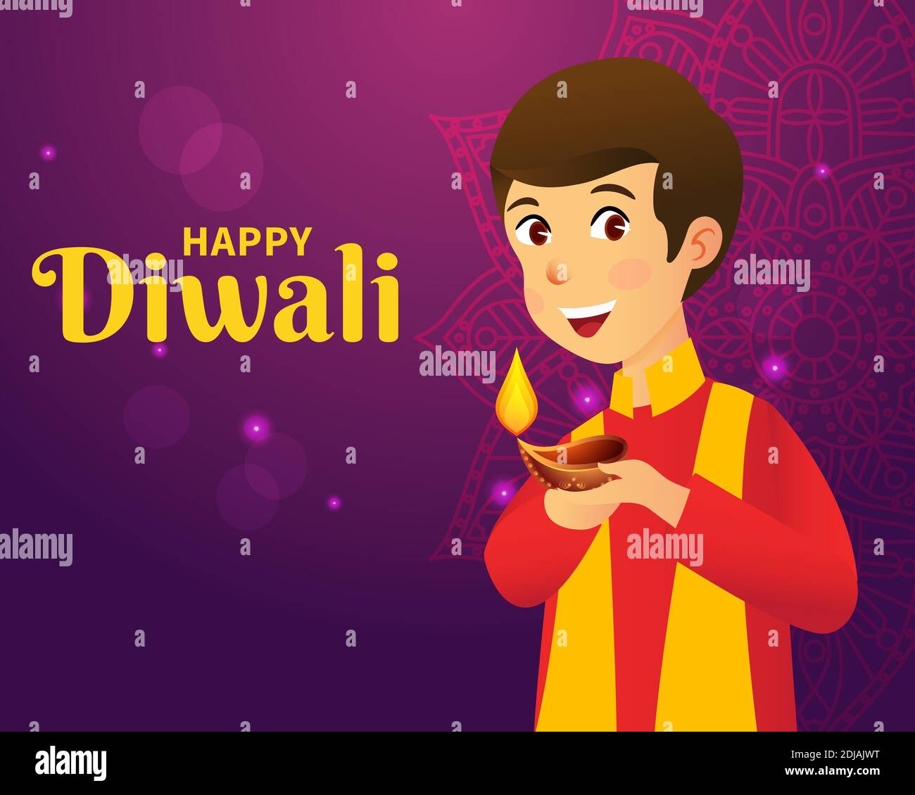 Cute carton indian boy holding diya (india oil lamp) and wishing ...