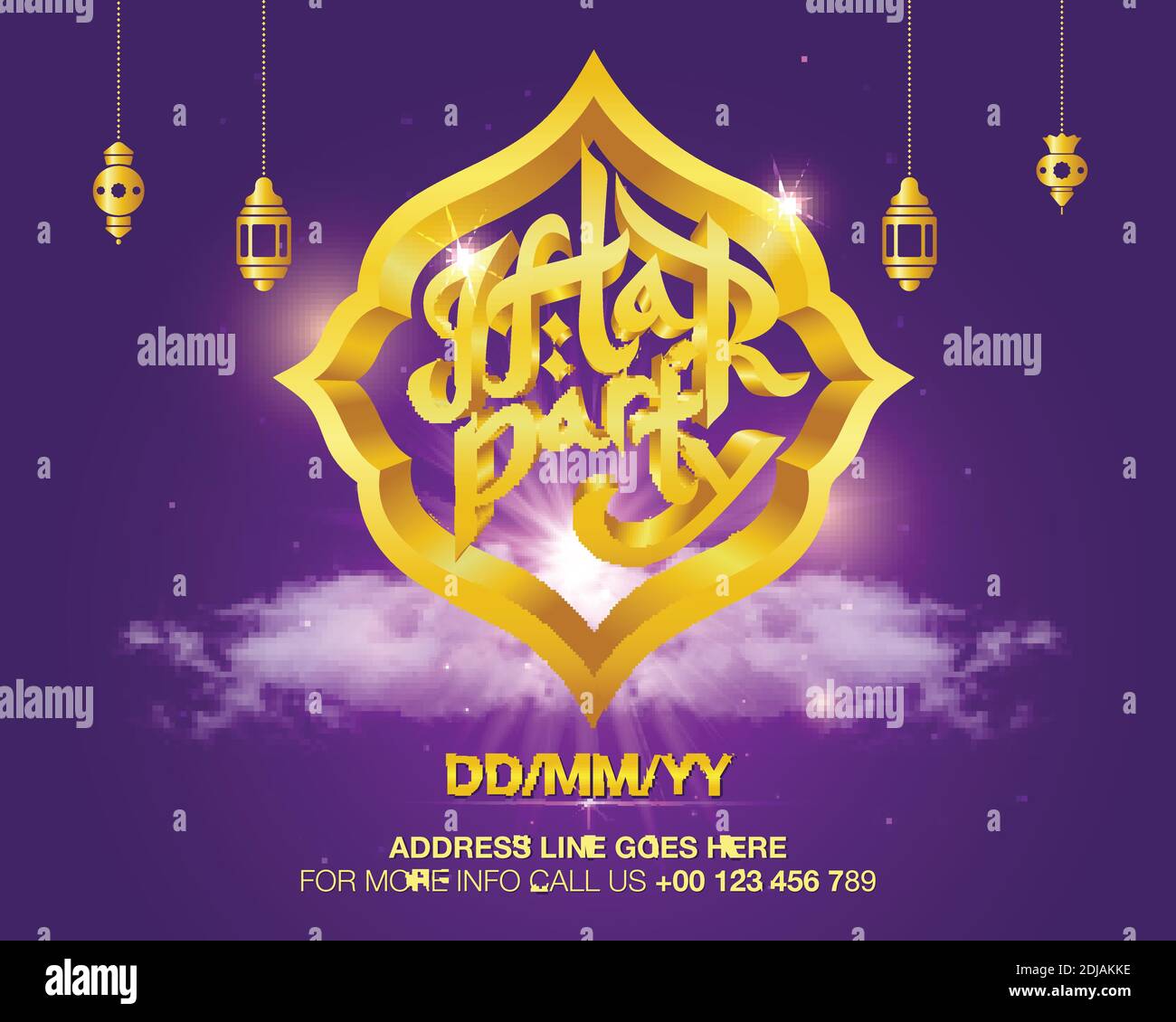3D vector shiny gold Iftar party text in glowing frame on purple ...
