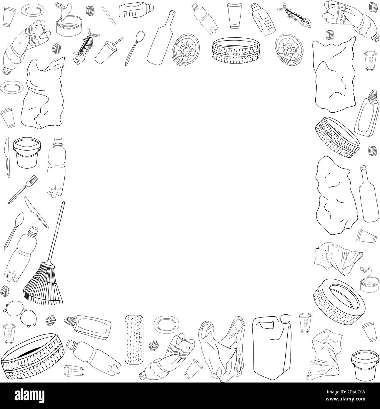 Template with black and white different kinds of garbage and bags ...