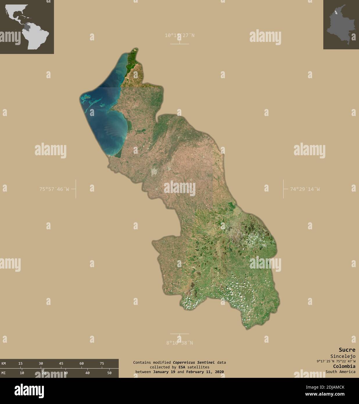 Sucre, department of Colombia. Sentinel-2 satellite imagery. Shape ...