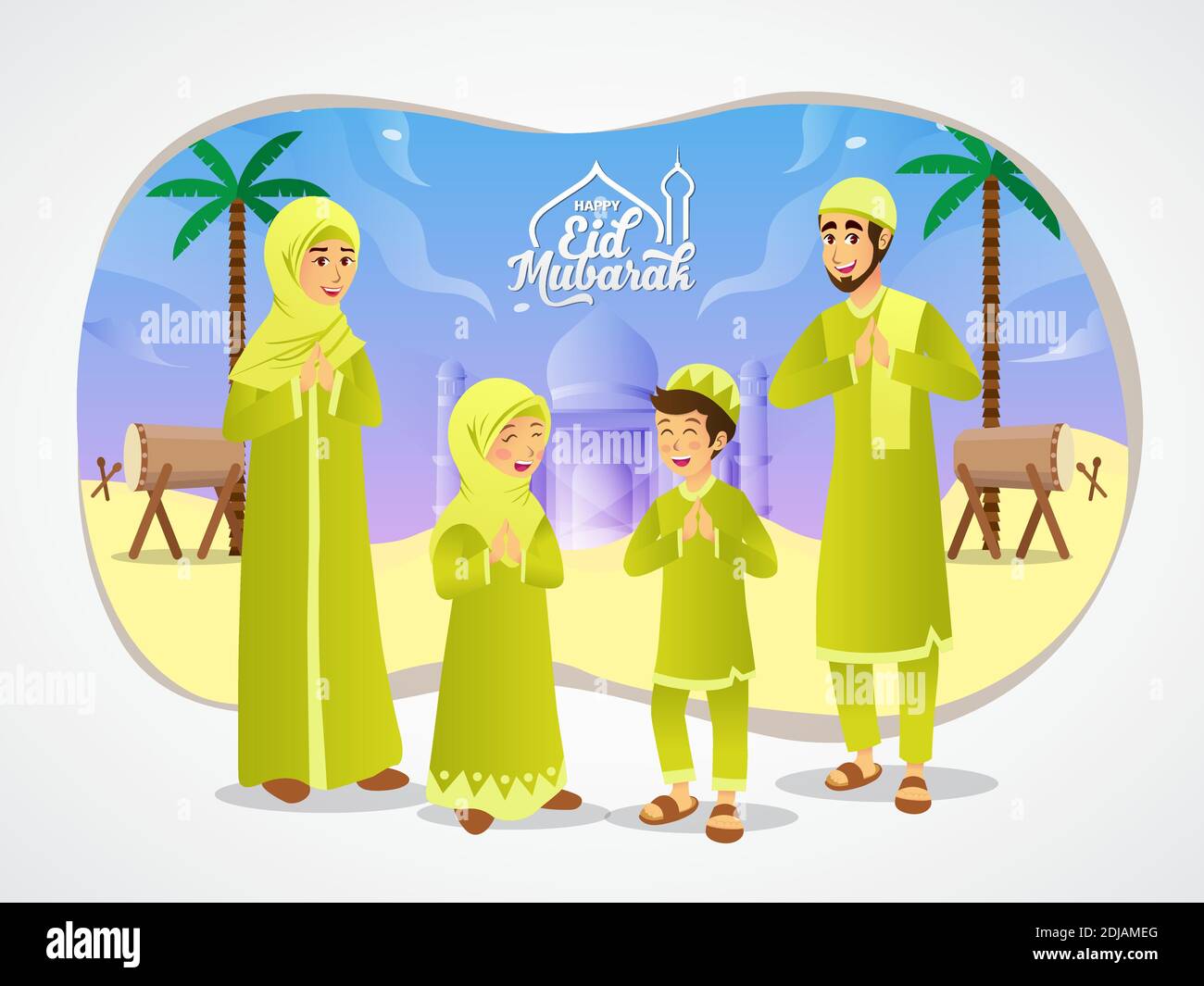 Eid mubarak greeting card. Cartoon muslim family celebrating Eid al ...