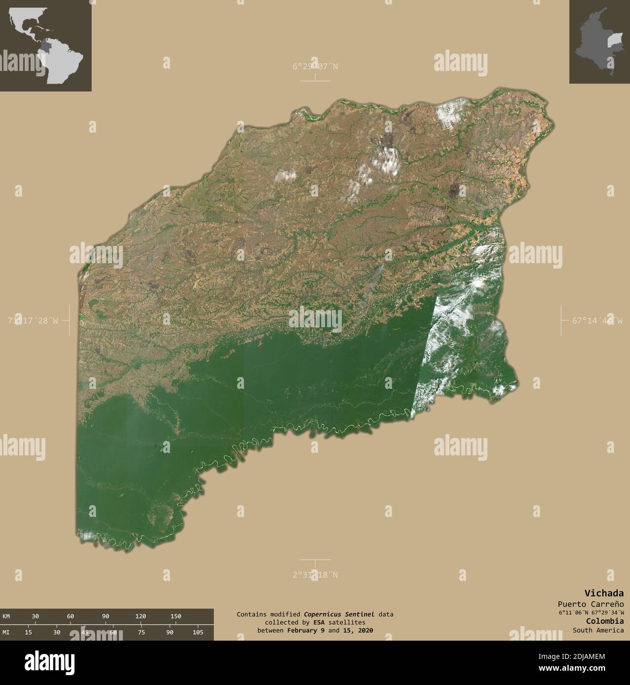 Vichada, commissiary of Colombia. Sentinel-2 satellite imagery. Shape ...