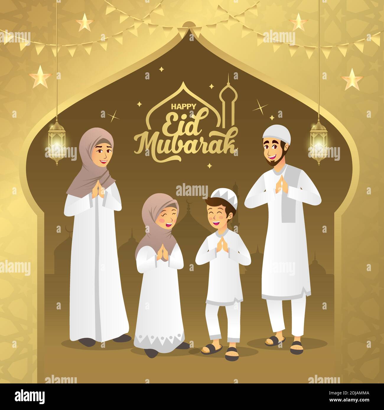 Eid mubarak greeting card. Cartoon muslim family blessing Eid al fitr ...