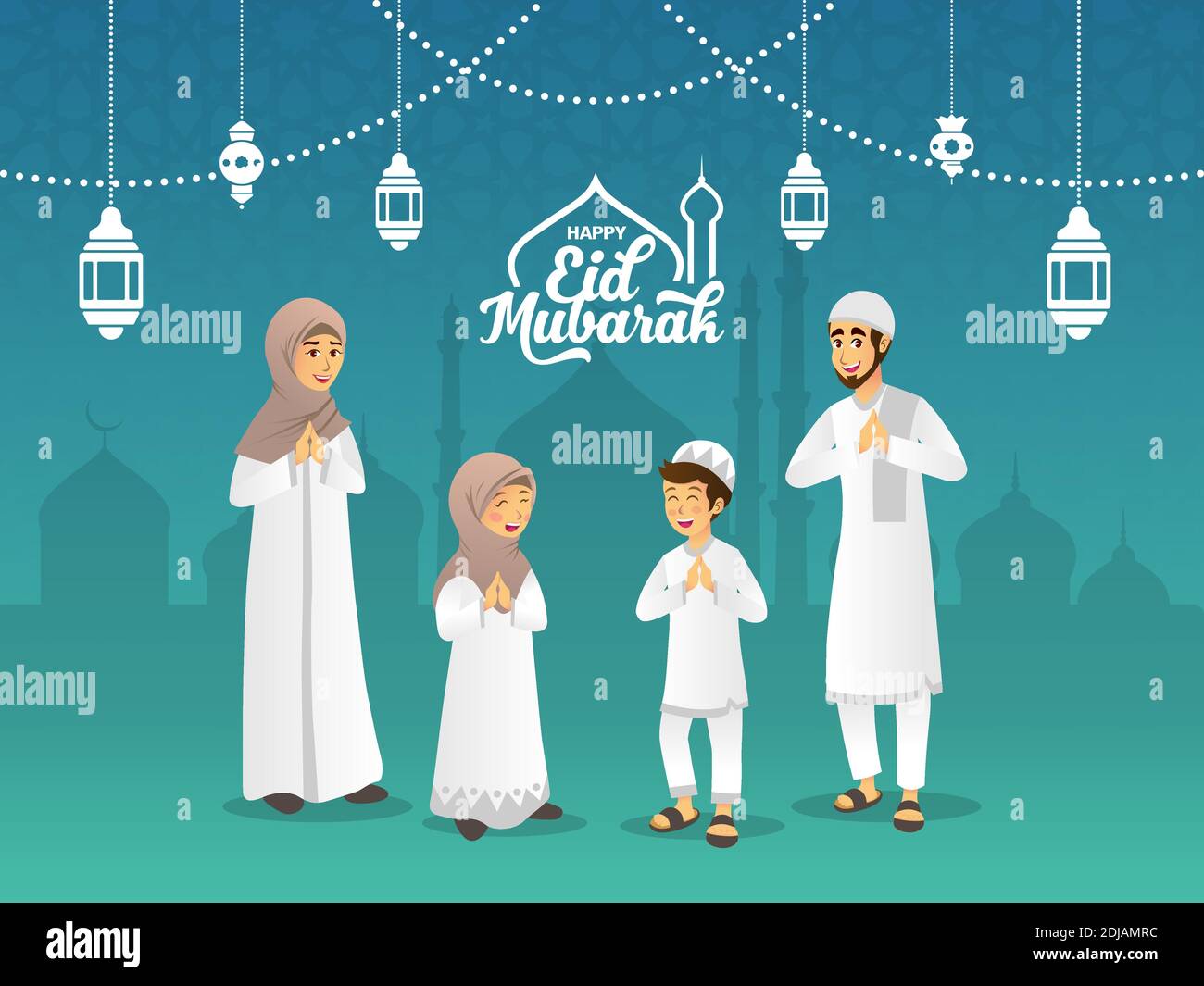 Eid mubarak greeting card. Cartoon muslim family blessing Eid al fitr ...
