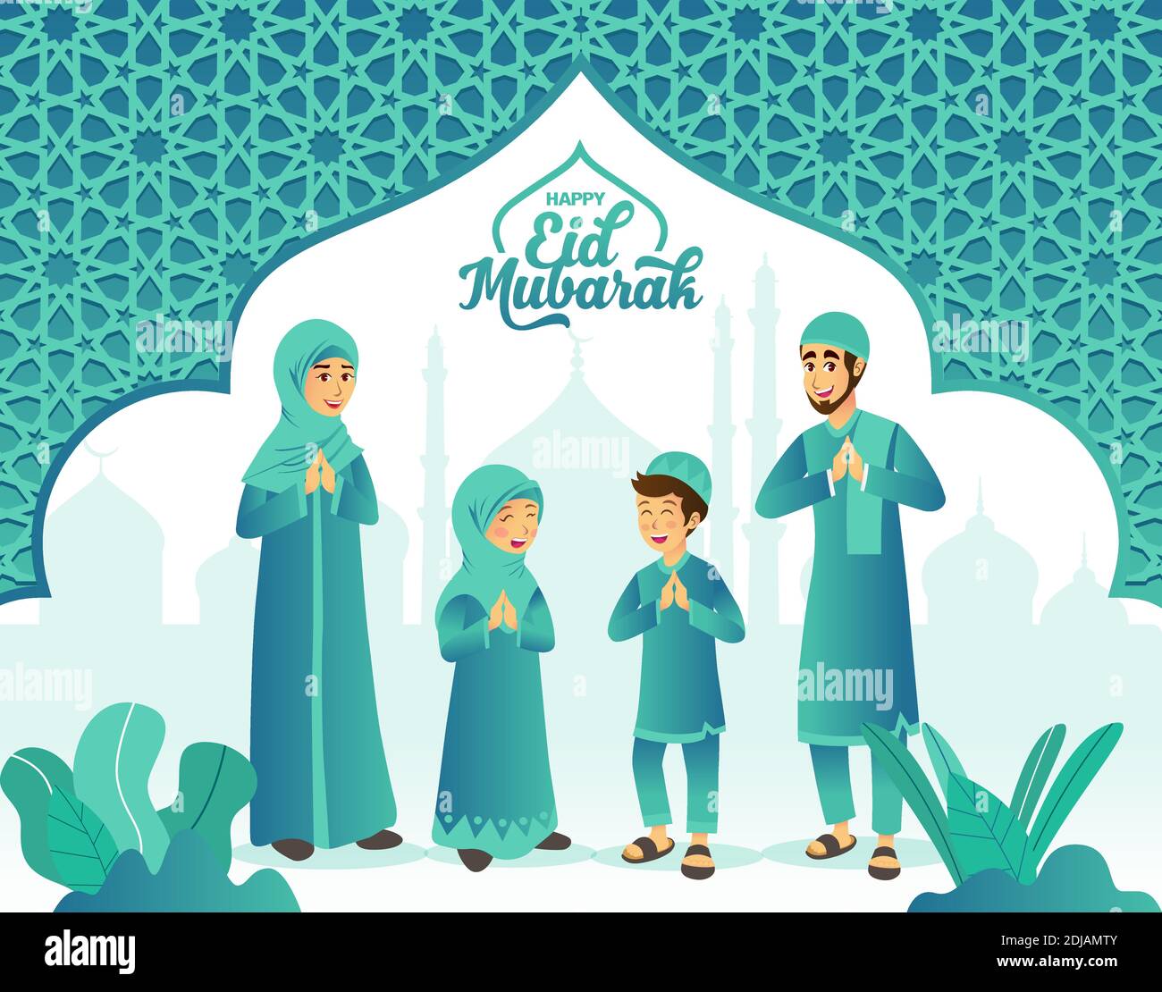 Eid mubarak greeting card. Cartoon muslim family celebrating Eid al ...