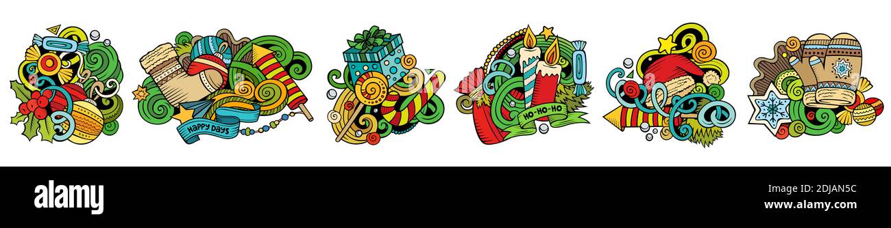 New Year cartoon raster doodle designs set. Colorful detailed ...